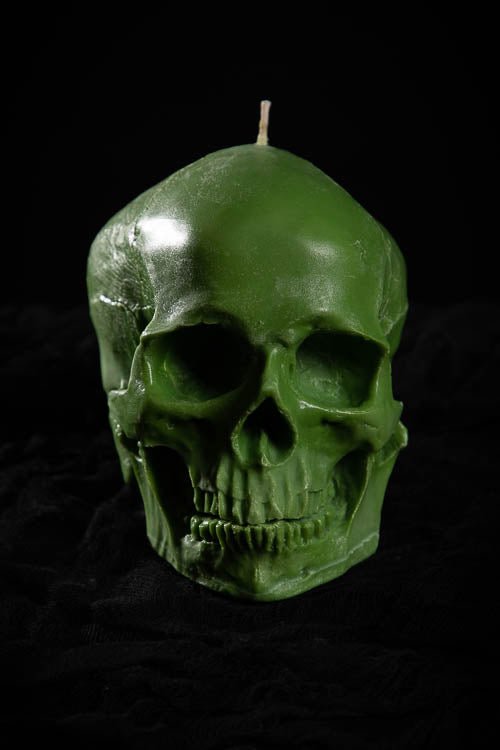 Human Skull Candle: Green "Vanilla Bourbon" | Little Shop of Horrors